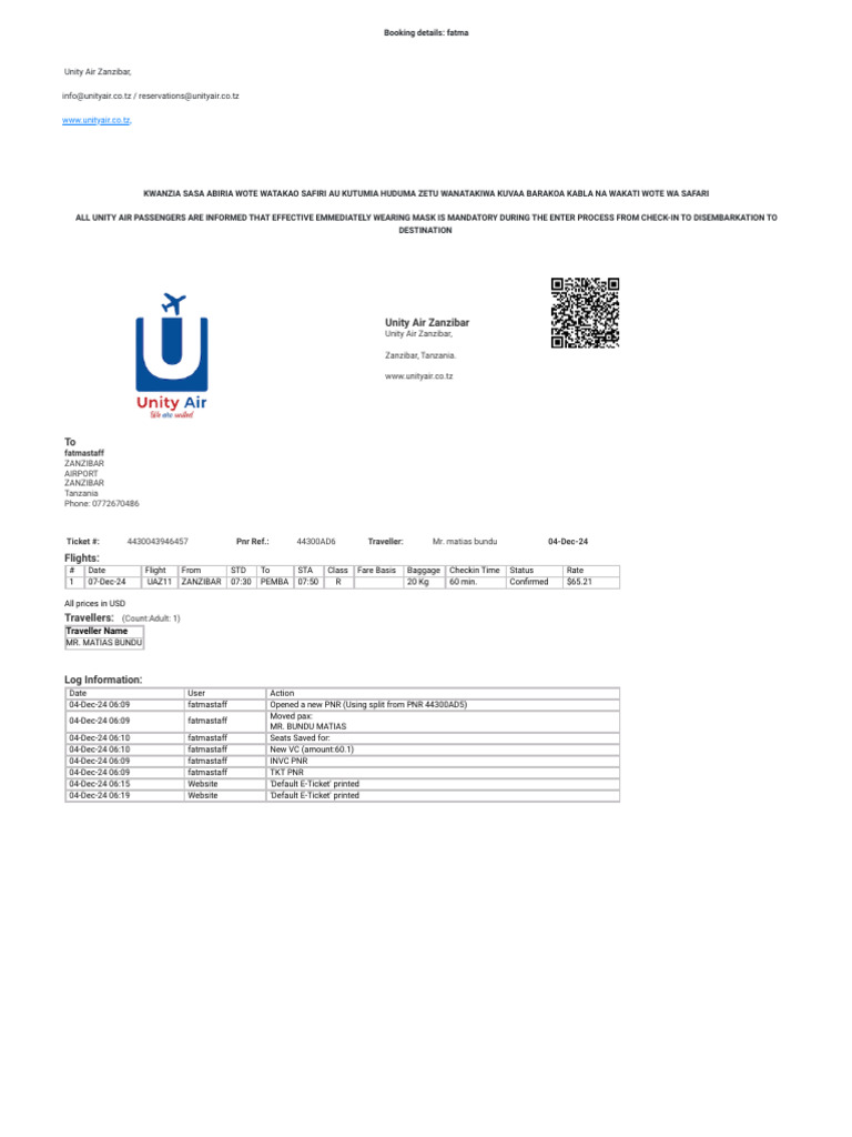 Unity Air Zanzibar Booking Details | PDF | Baggage | Aviation