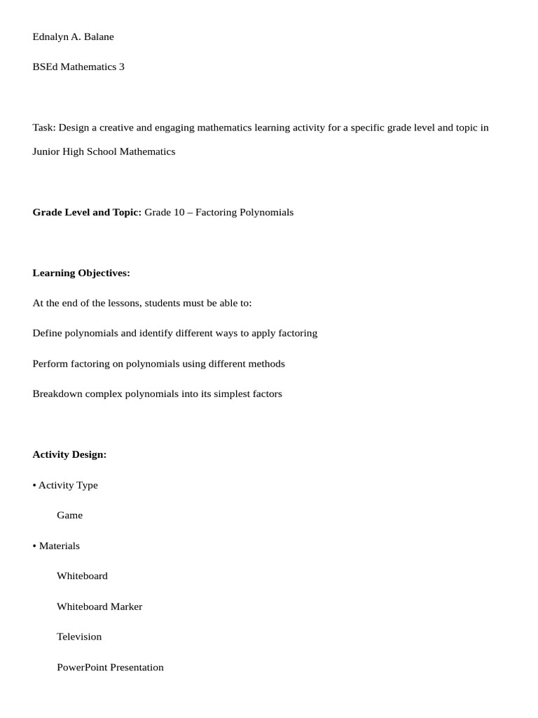Design A Learning Activity | PDF | Educational Assessment | Learning
