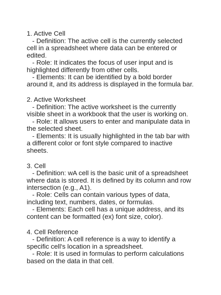 Spreadsheet Key Concepts Explained | PDF | Spreadsheet | Worksheet