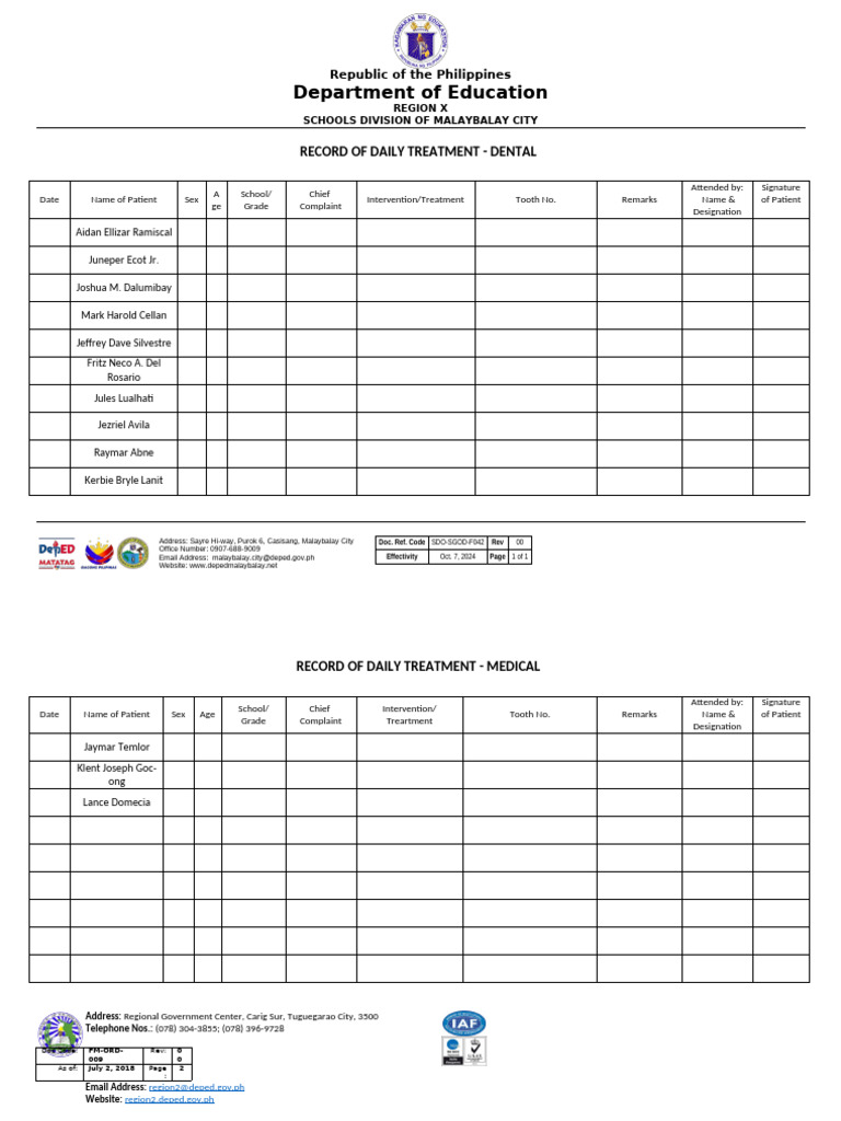 Daily Treatment Records - Malaybalay City | PDF
