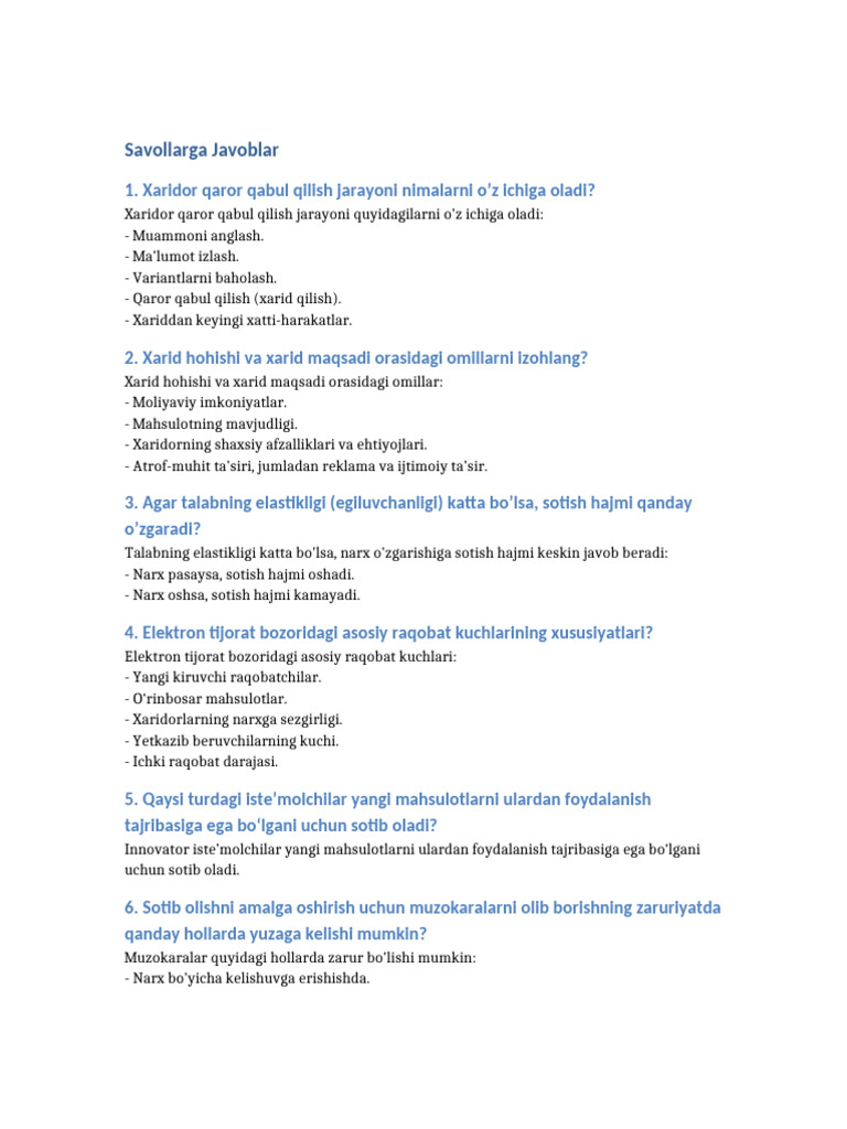 Savollarga Javoblar Toliq | PDF