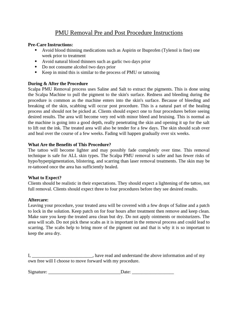 PMU Removal Pre and Post Procedure Instructions | PDF | Clinical ...