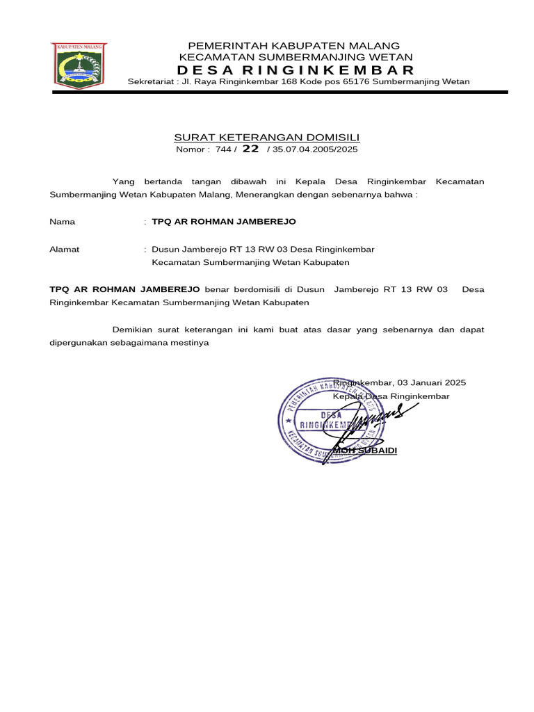 SURAT KETERANGAN DOMISILI TPQ AR RAHMAN | PDF