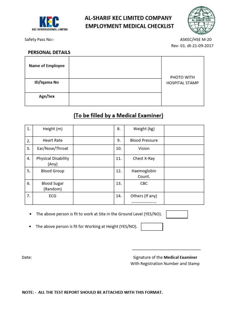 Employment Medical Examination Checklist | PDF