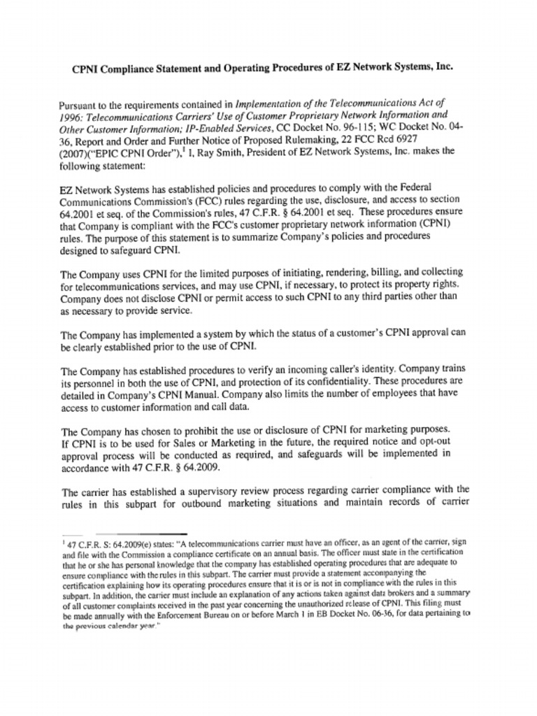 EZ Network Systems CPNI Compliance Guide | PDF | Federal Communications ...