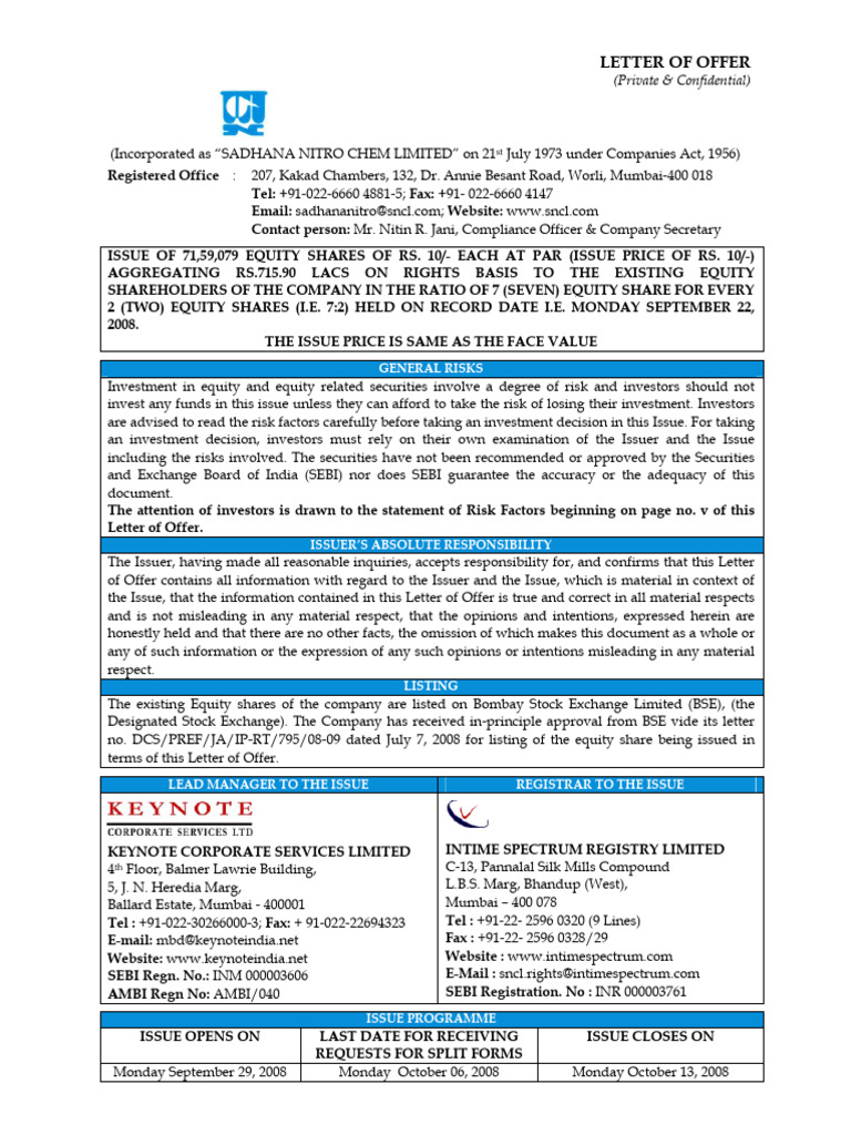Offer Sadhana Nitro Chem Letter of Offer | PDF | Debt | Chemical Industry