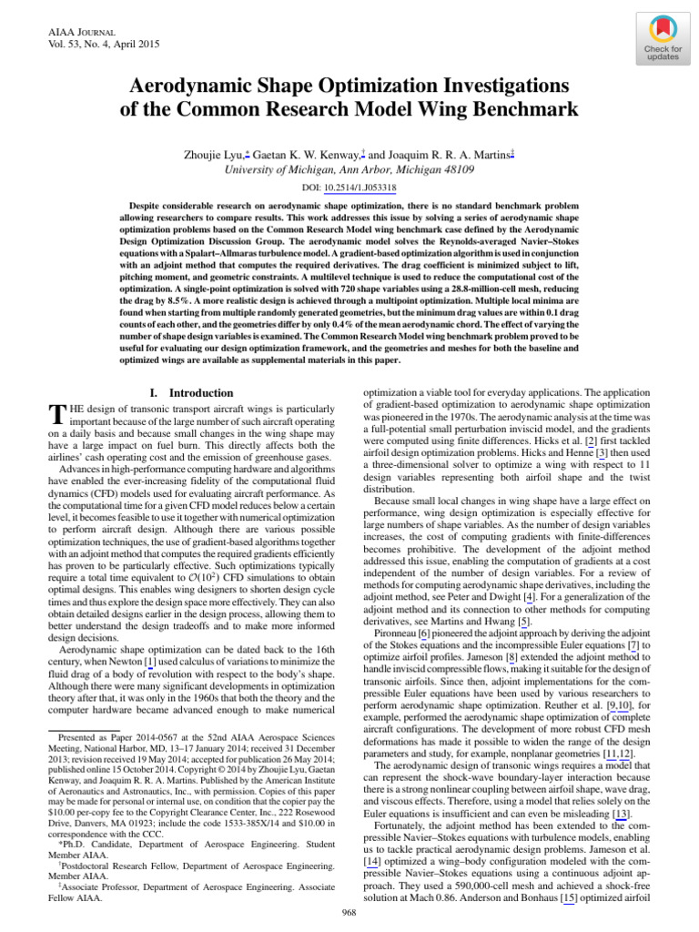 Aerodynamic Shape Optimization Investigations Of The Common Research Model Wing Benchmark Pdf