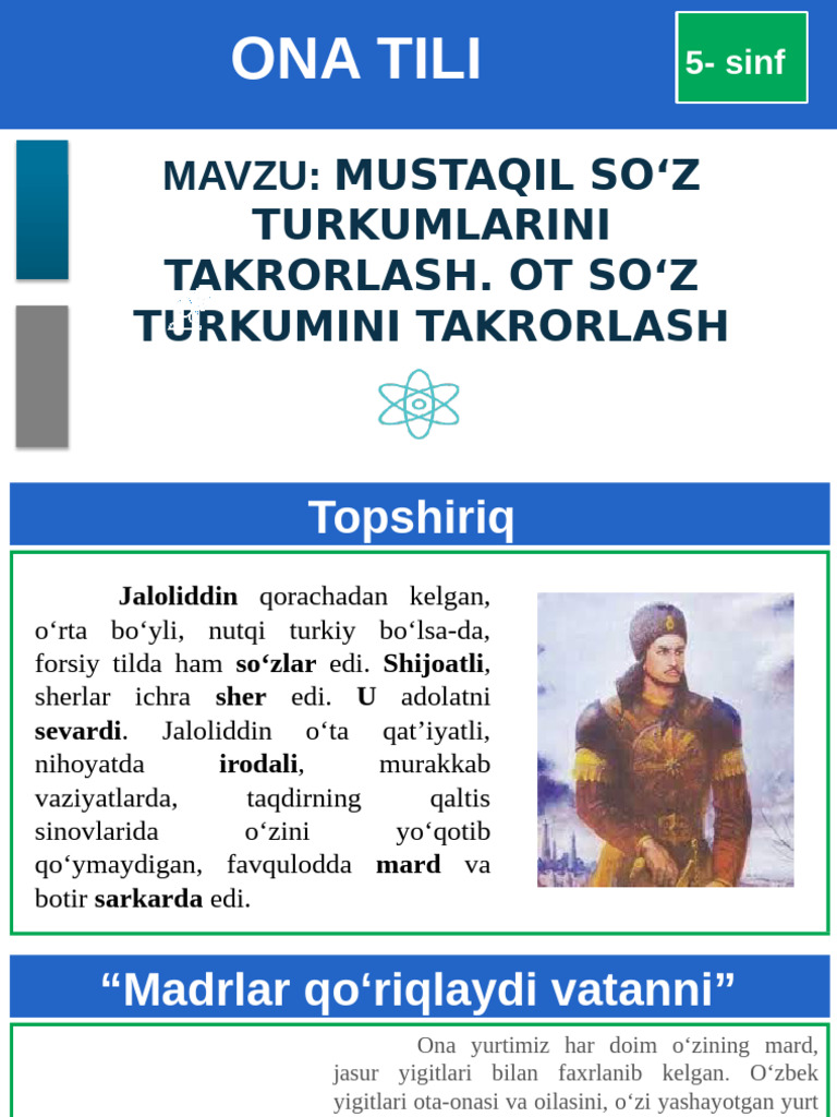 5-Sinf, 3-Dars Mustaqil So'z Turkumlari Takrorlash. Ot | PDF