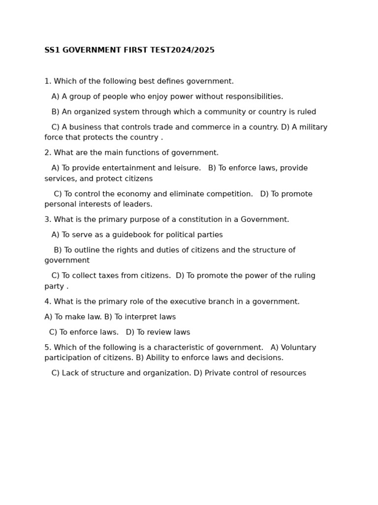 ss1 Government First Test | PDF