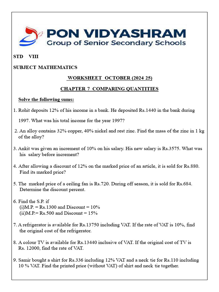 GRADE 8 WORKSHEET - Comparing Quantities-1 | PDF