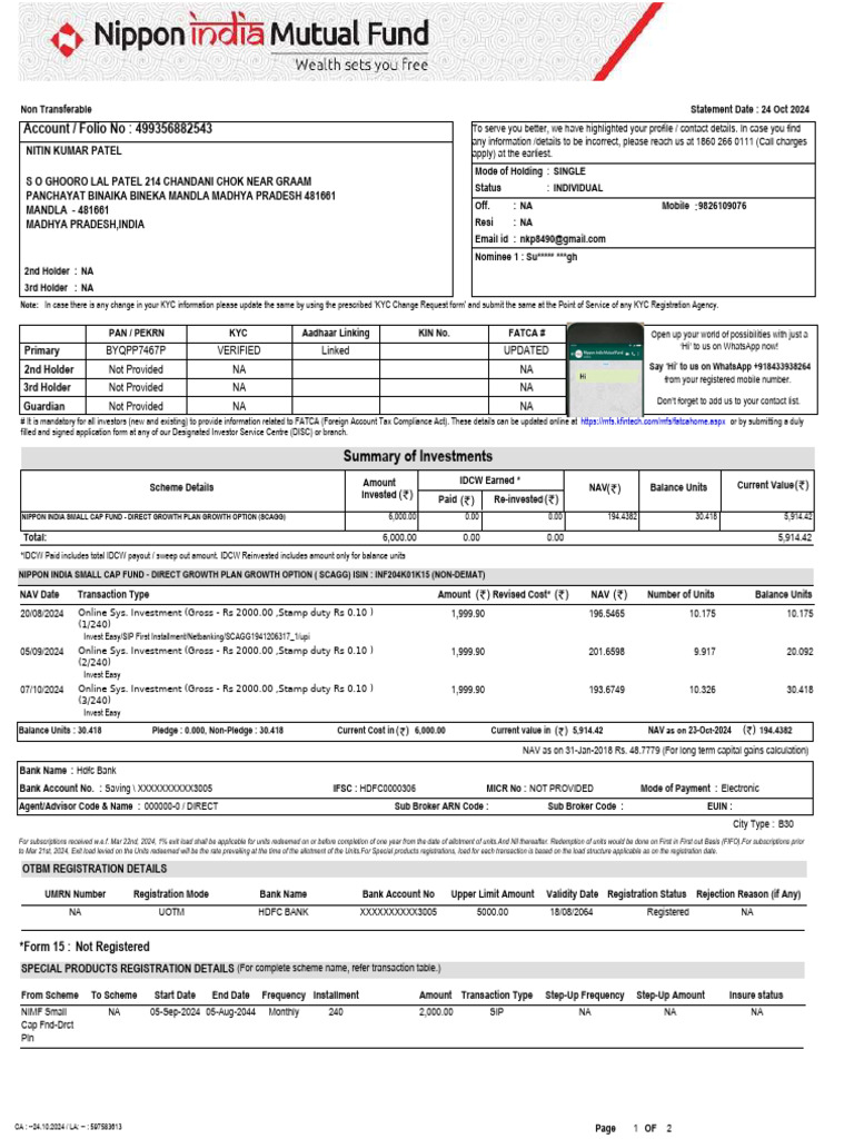 Nippon India Mutual Fund Account Summary | PDF | Banks | Investing