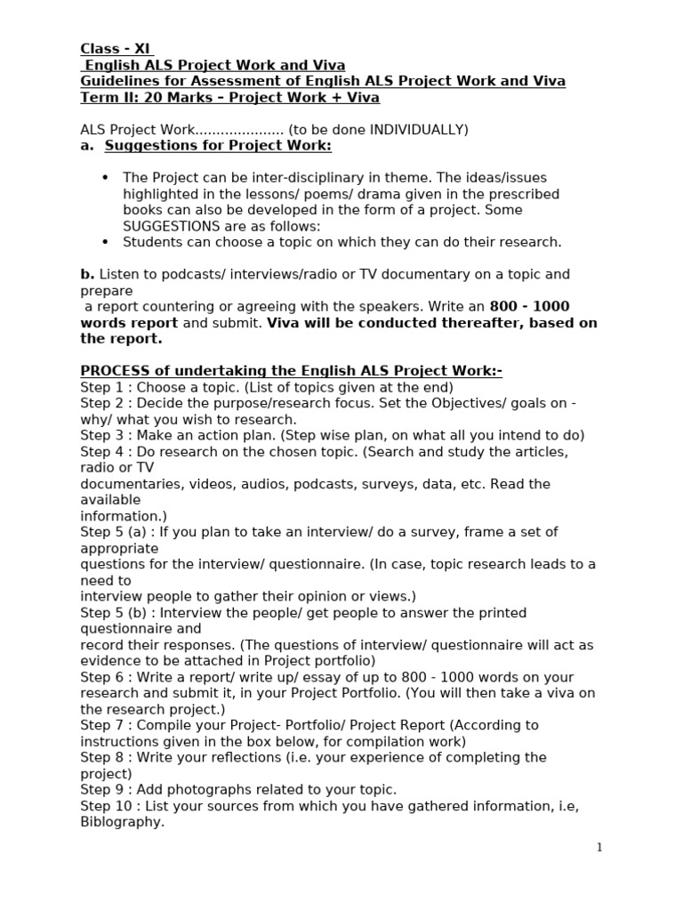 English Als Project Class-11 (Guidelines) | PDF | Essays