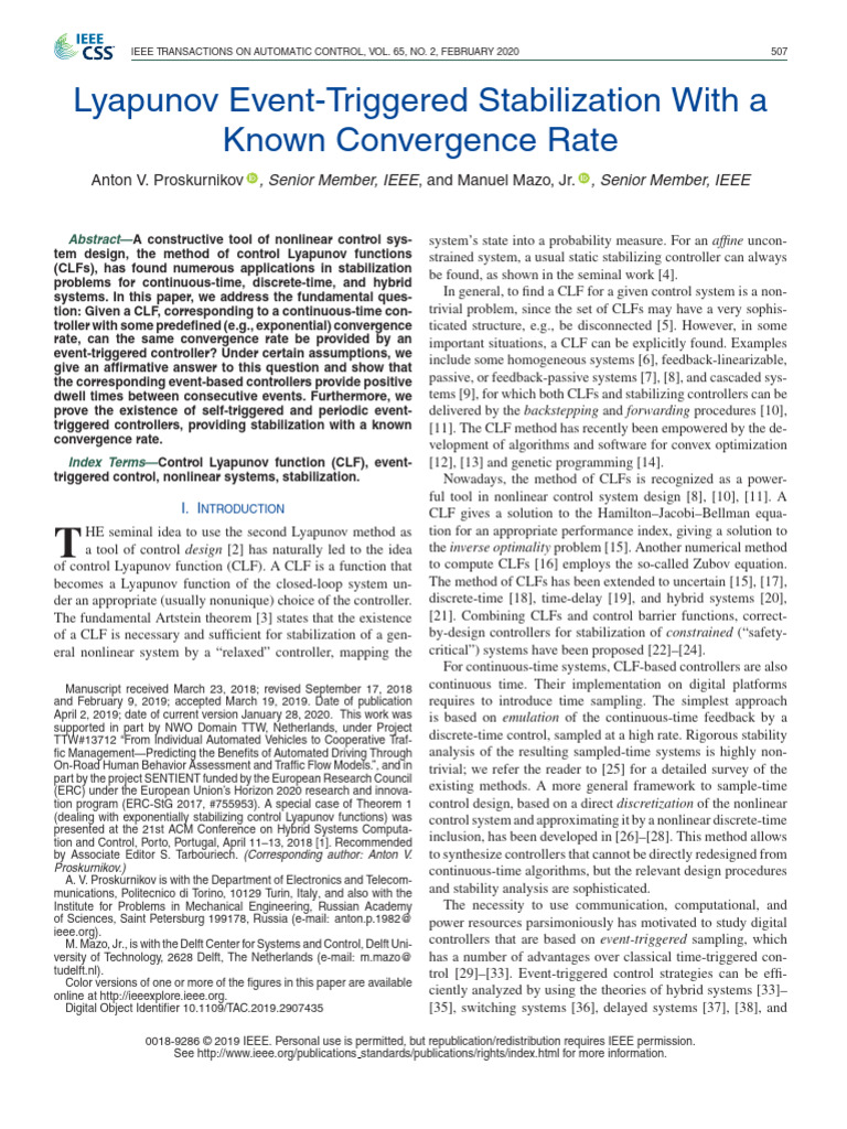 Lyapunov Event-Triggered Stabilization With A Known Convergence Rate | PDF | Applied Mathematics ...