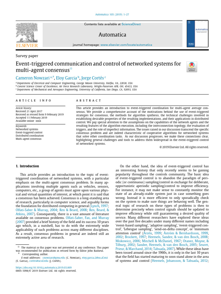 Event-Triggered Communication and Control of Networked Systems For Multi-Agent Consensus | PDF ...