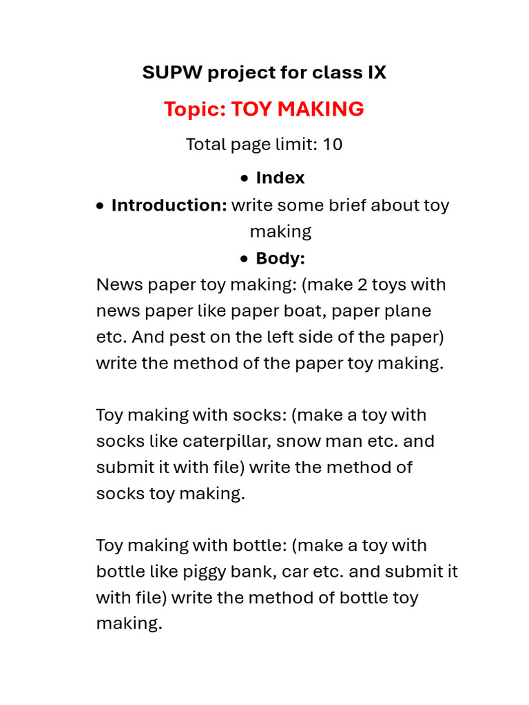 Last SUPW Project for Class IX | PDF