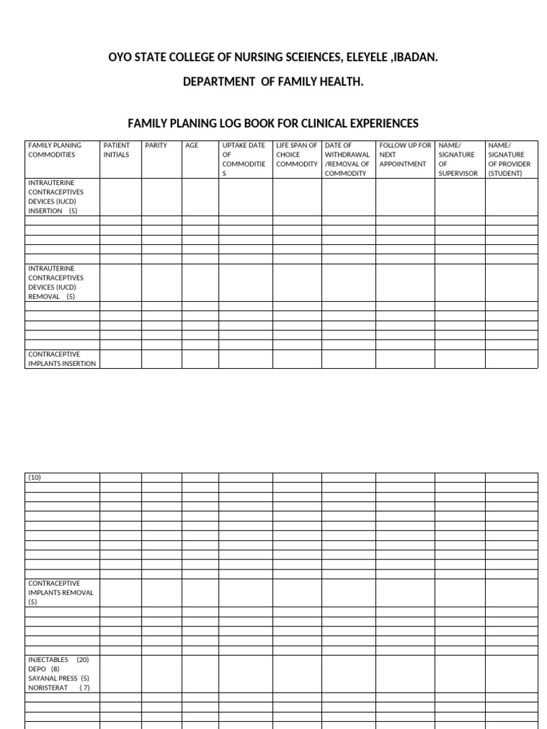 Family Planing Log Book For Clinical Experience | PDF