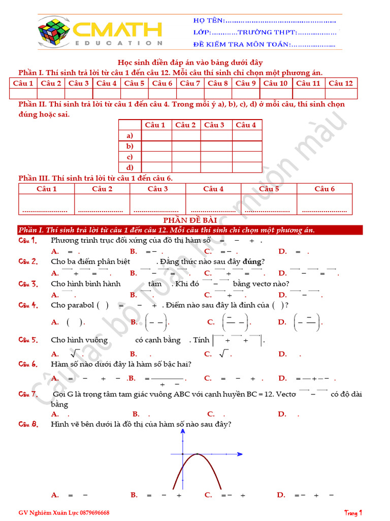ĐỀ TOÁN 10 THÁNG 12 CMATH - THẦY LỰC - HS | PDF