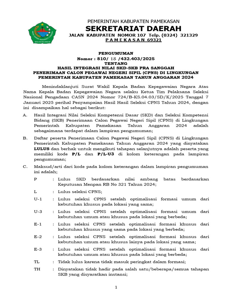 Pengumuman Hasil Integrasi SKD-SKB Pra Sanggah CPN - 250113 - 082649 | PDF