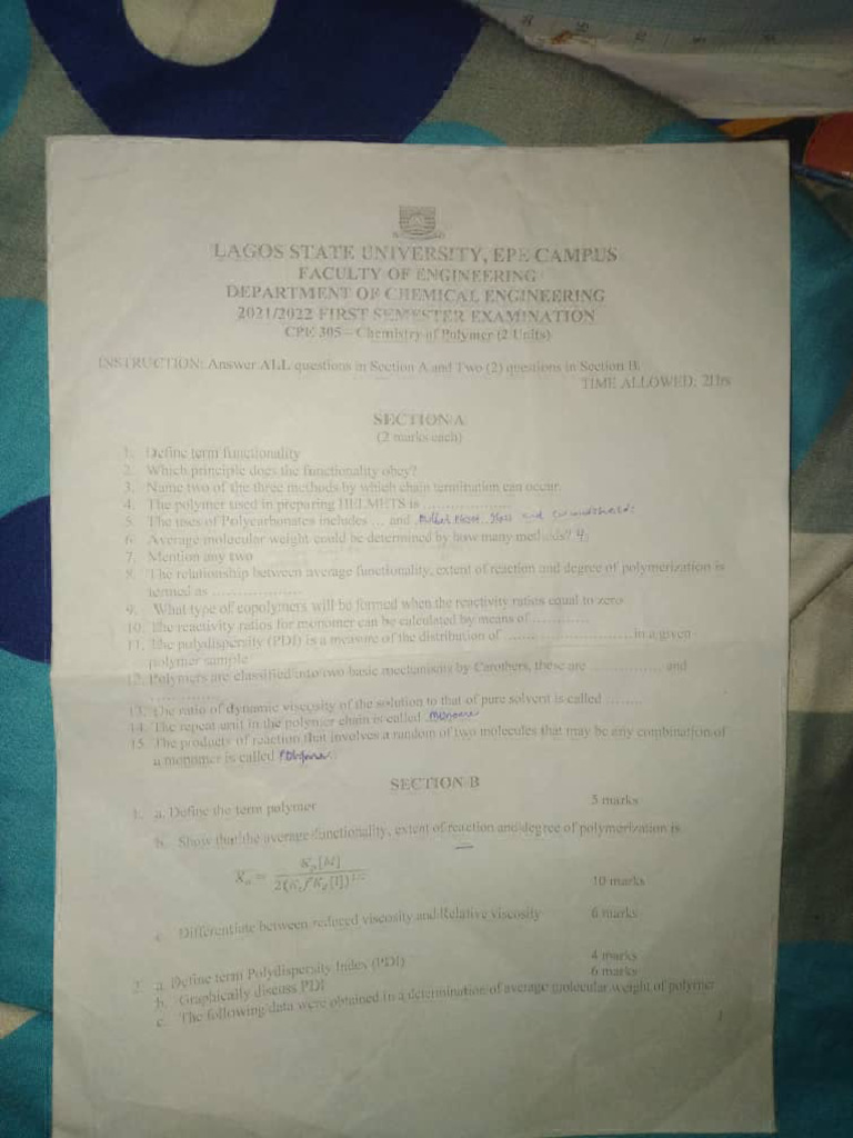 Chemistry of Polymer Past Questions | PDF