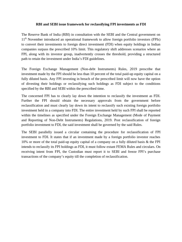Reclassification of FPIs Into FDI | PDF