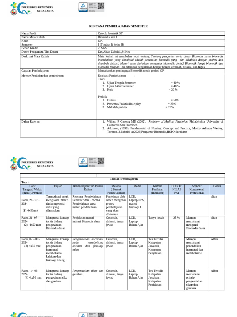 RPS BIOMEDIK SARJANA TERAPAN (D4) KELAS 1B | PDF