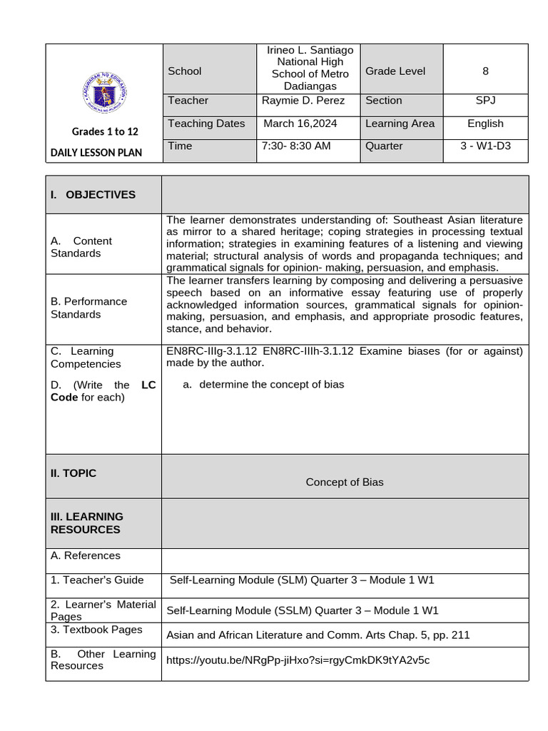 Daily Lesson Plan: Understanding Bias in Writing | PDF | Bias | Learning