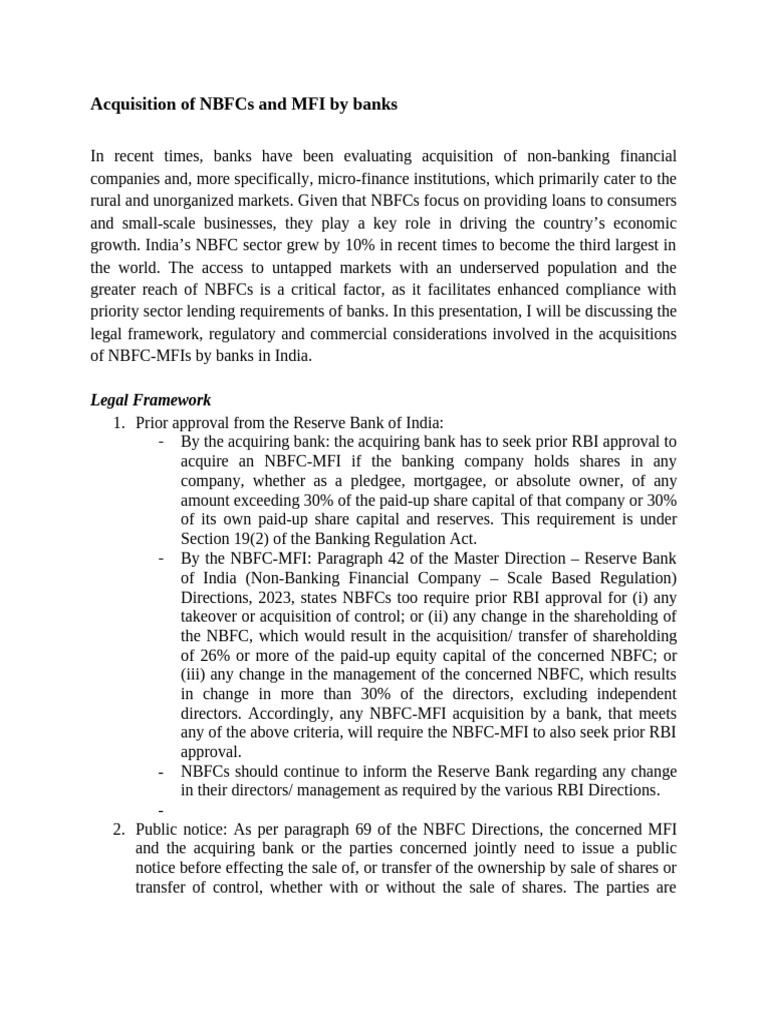 Acquisition of NBFCs and MFI by Banks | PDF | Banks | Mergers And Acquisitions