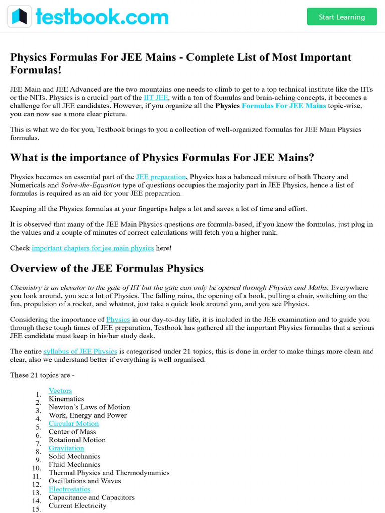 Physics Formulas For JEE Mains - Complete List of Most Important ...