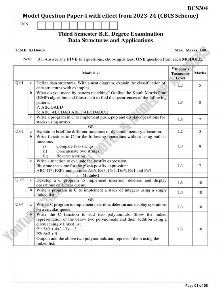 Dsa Bcs304 Solved Model Question Paper 2022 Scheme Vtu 3rd Sem | PDF