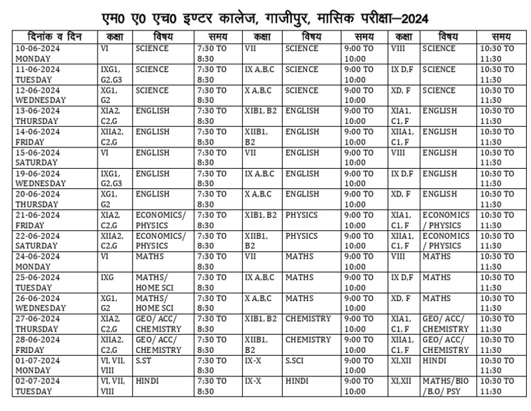 Monthly Test Time Table | PDF