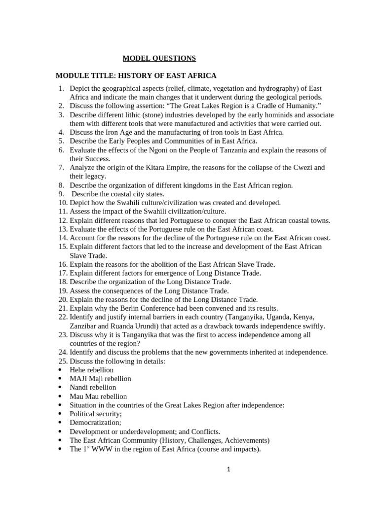 East Africa History Model Questions | PDF | East Africa | Africa