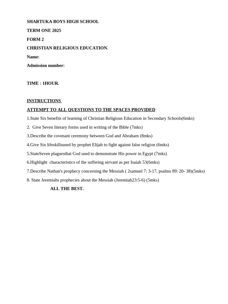 Cre Form 2 Term 1 Opener 2022 QN | PDF