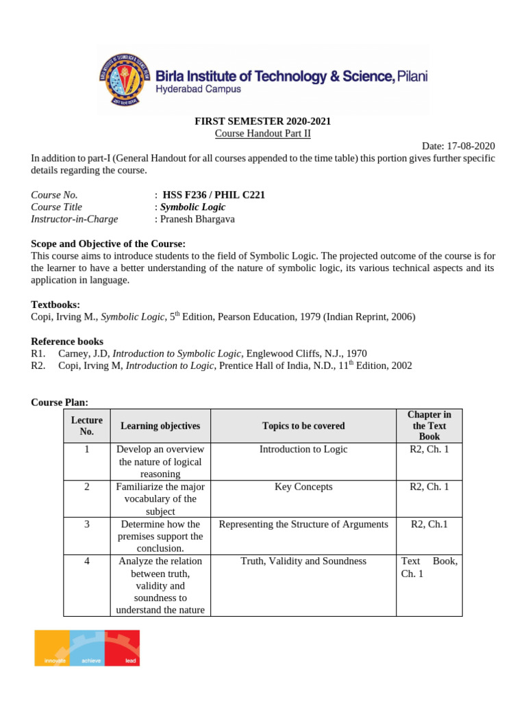 HSS F236 Symbolic Logic First Semester 2020-21 - Handout | PDF | Logic | Argument