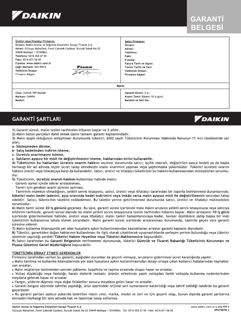 Daikin Kazan Garanti Karti | PDF