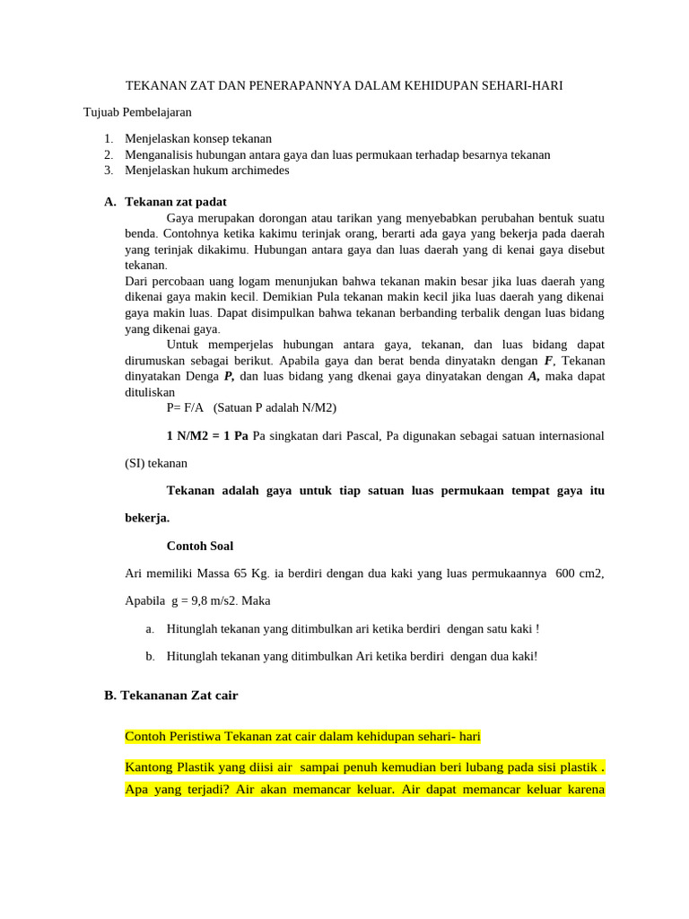 TEKANAN ZAT DAN PENERAPANNYA DALAM KEHIDUPAN SEHARI | PDF