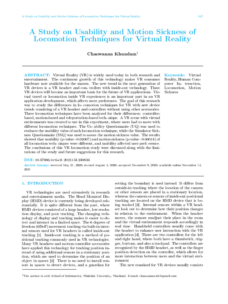 VR Locomotion Usability & Motion Sickness Study | PDF | Virtual Reality | Htc Vive