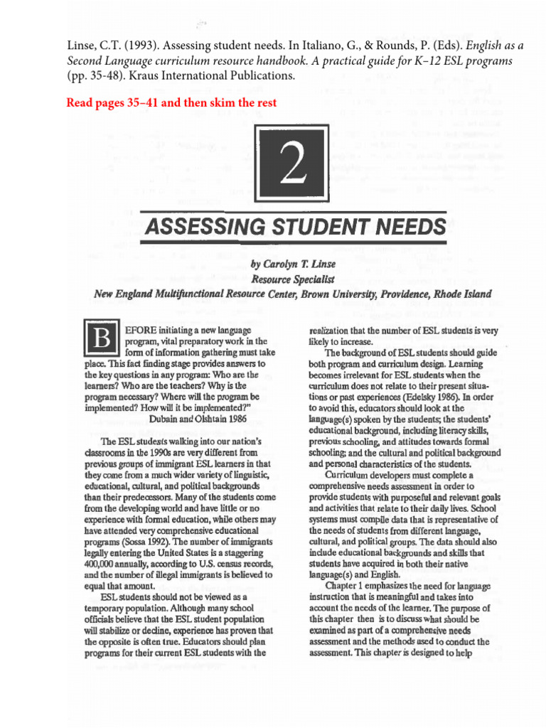 Linse - 1993 - Assessing Student Needs | PDF | English As A Second Or ...
