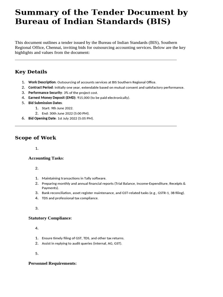 Summary of The Tender Document by Bureau of Indian | PDF | Taxes ...
