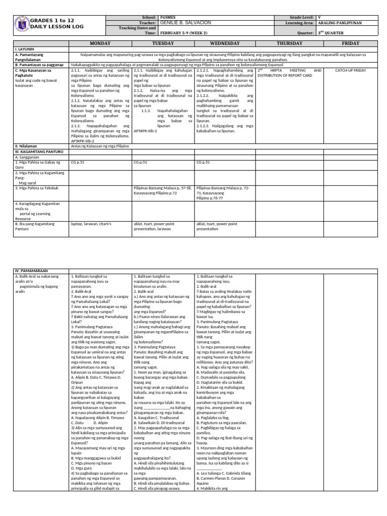 DLL - Araling Panlipunan 5 - Q3 - W2 | PDF
