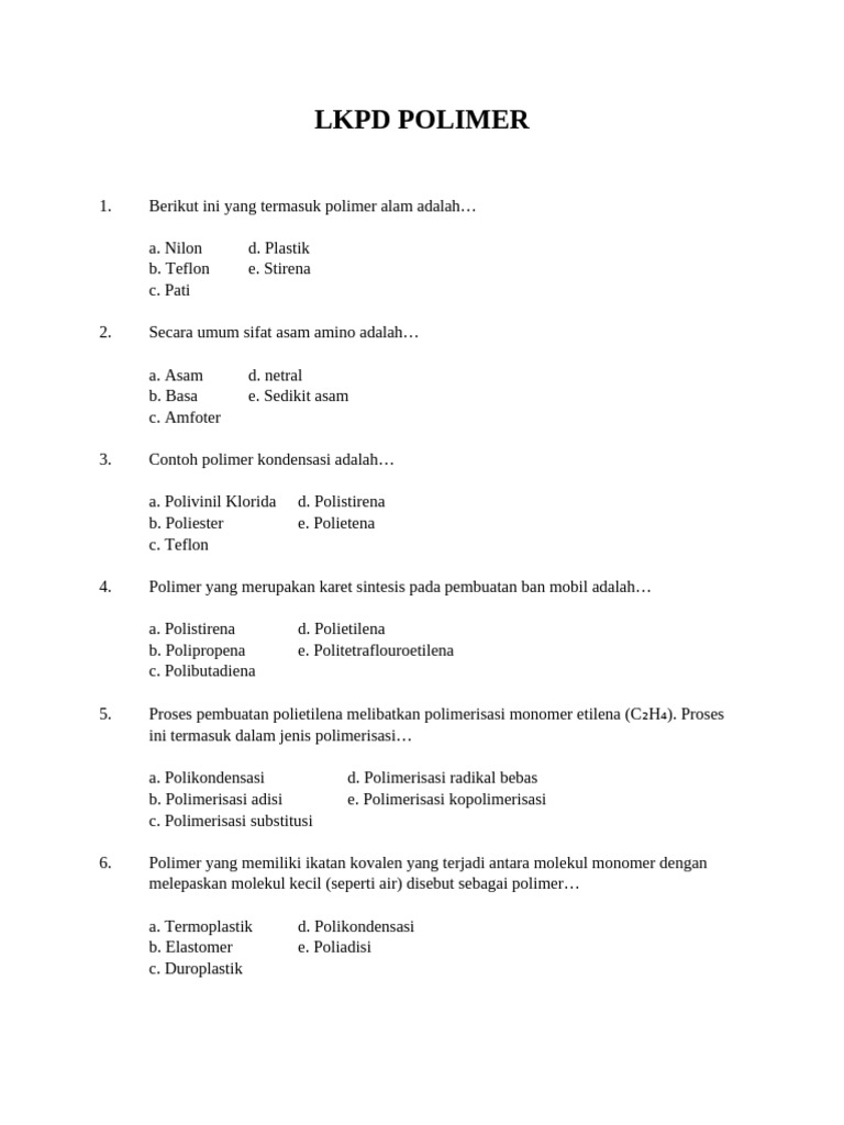 Kuis Polimer untuk Pelajar Kimia | PDF