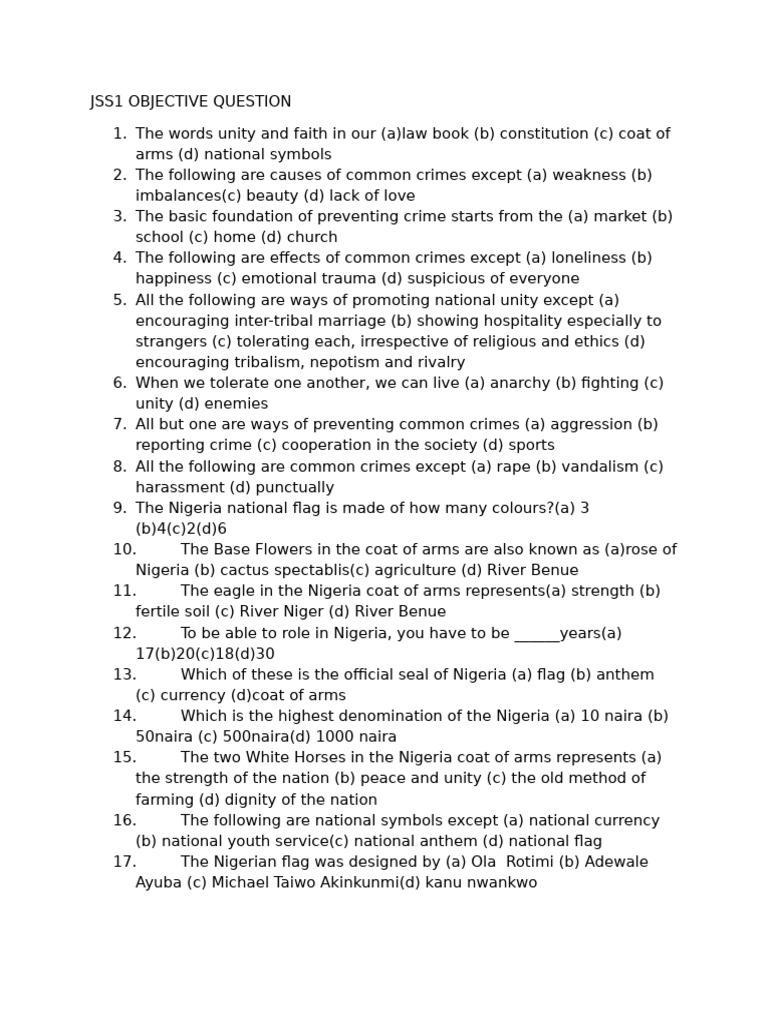 JSS1 Civic Education Exam Questions | PDF | Nigeria