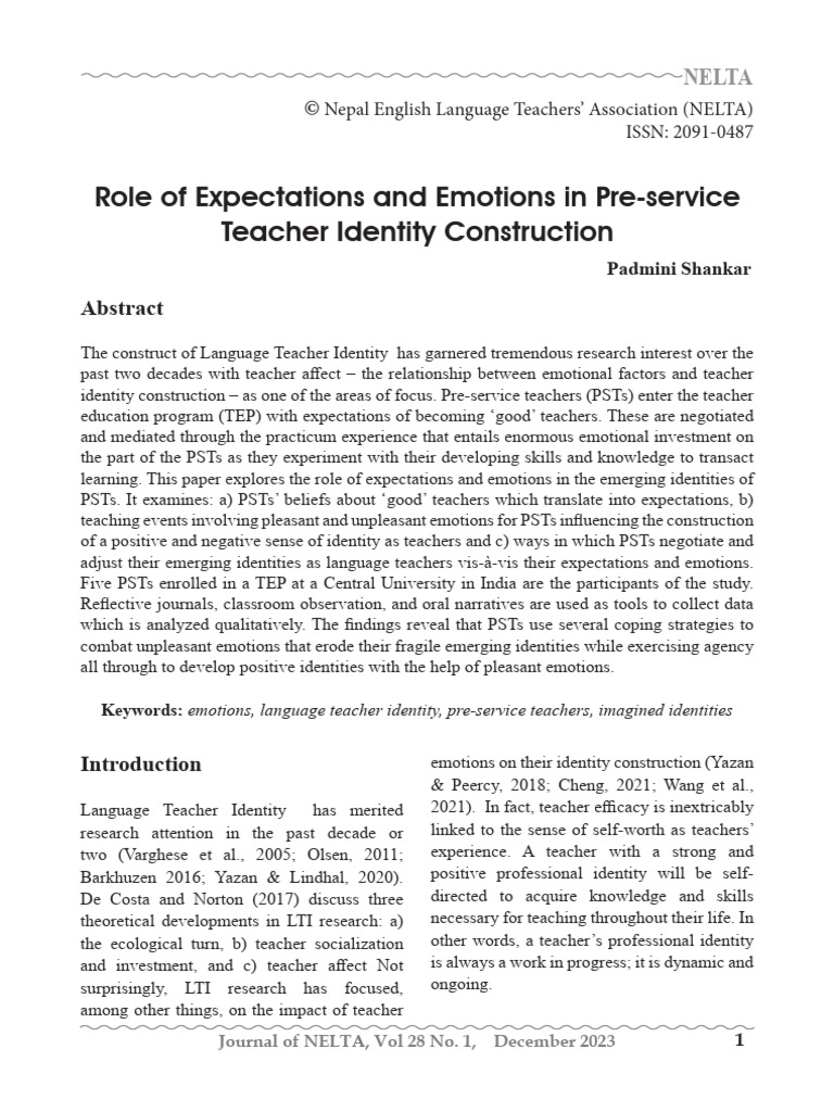 Role of Expectations and Emotions in Pre-service Teacher Identity Construction | PDF | Teachers ...