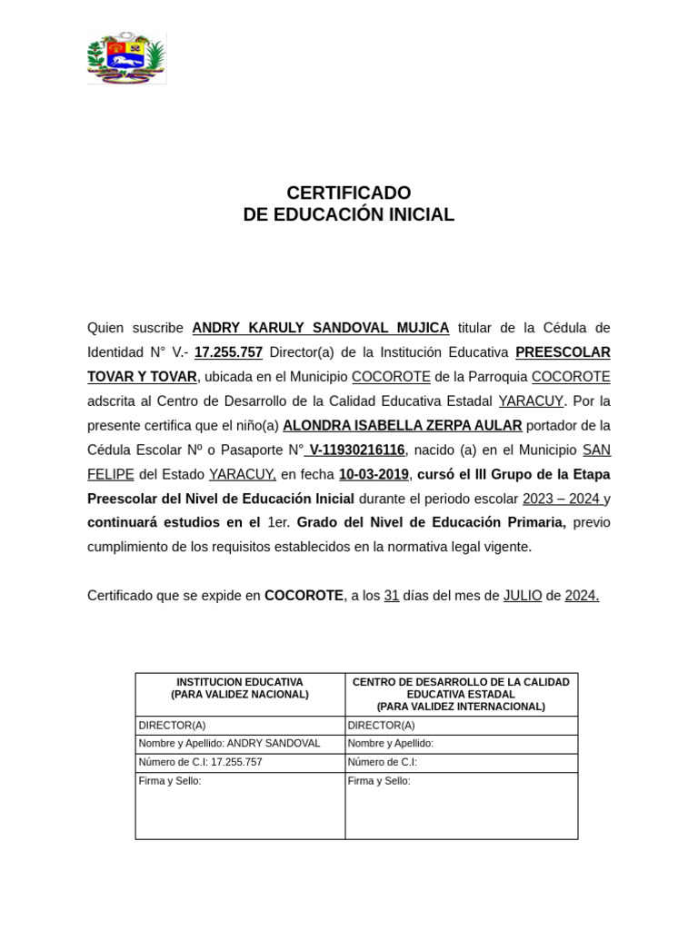 Certificado de Educación Inicial | PDF | Educación de la primera ...