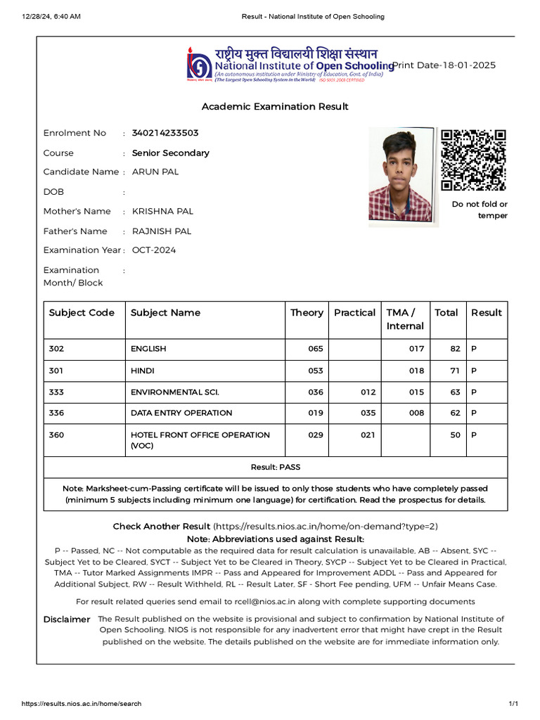 Result - Pass National Institute of Open Schooling | PDF
