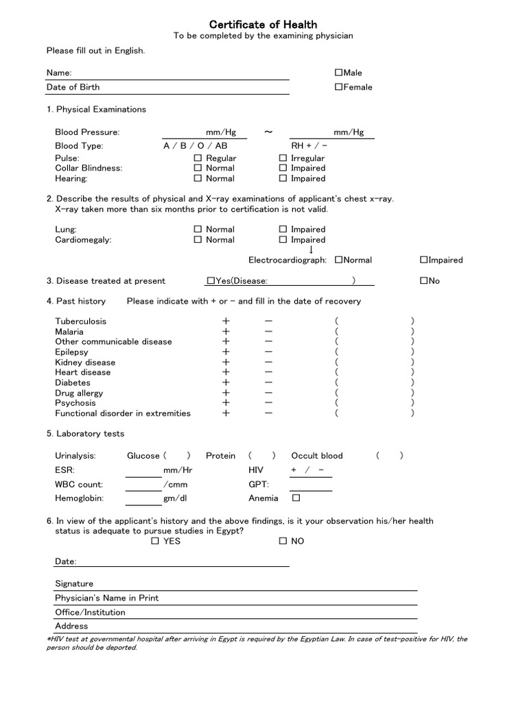 Certificate of Health 1 | PDF | Blood | Medical Specialties