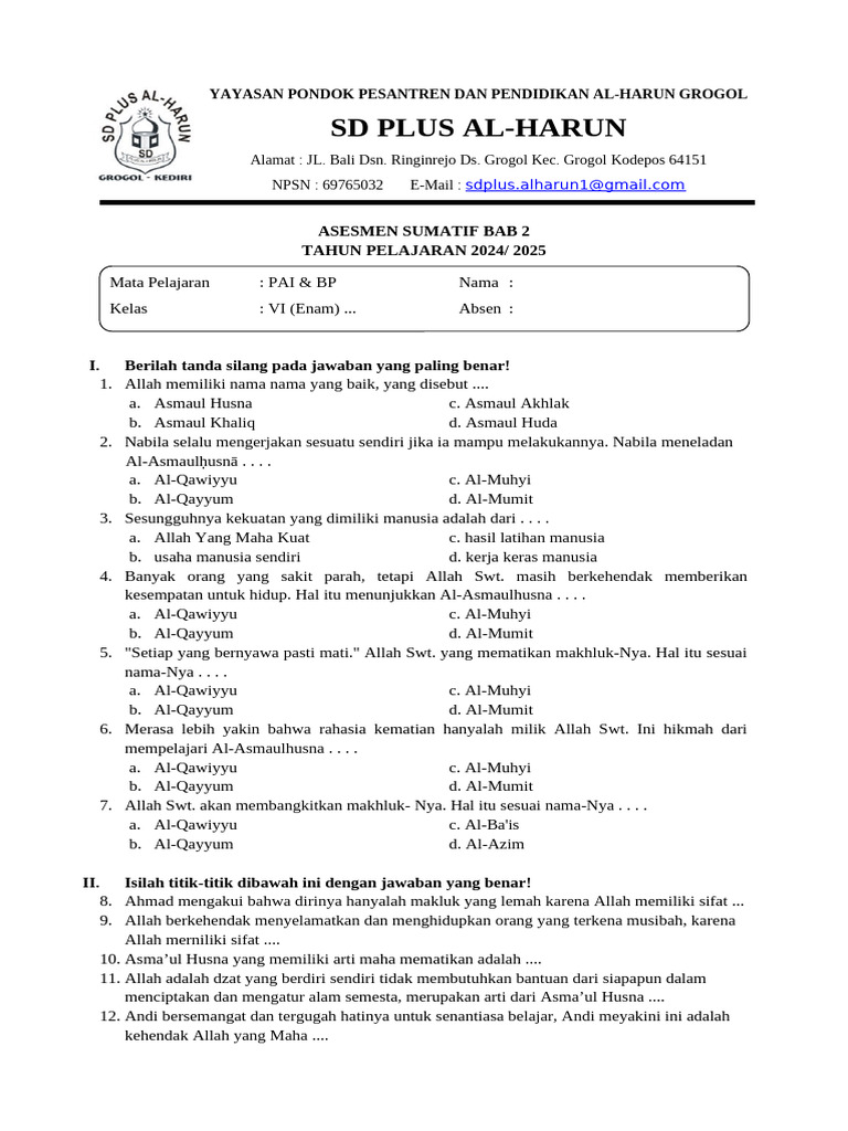 Soal PH PAI BAB 2 KLS 5 | PDF