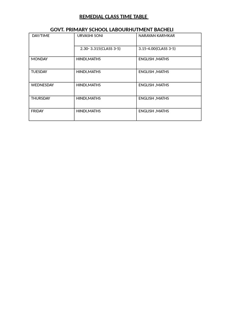 Remedial Class Time Table | PDF