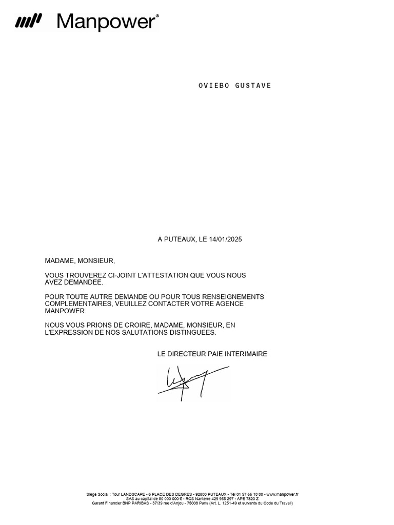 Attestation Employeur Manpower Interim | PDF | État-providence | Emploi