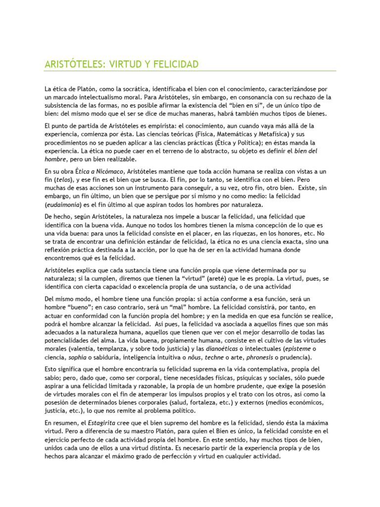 Aristóteles Virtud y Felicidad Básico | PDF | Aristóteles | Virtud