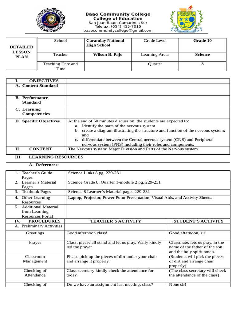 DLP Nervous System G10 Q3 | PDF | Central Nervous System | Force